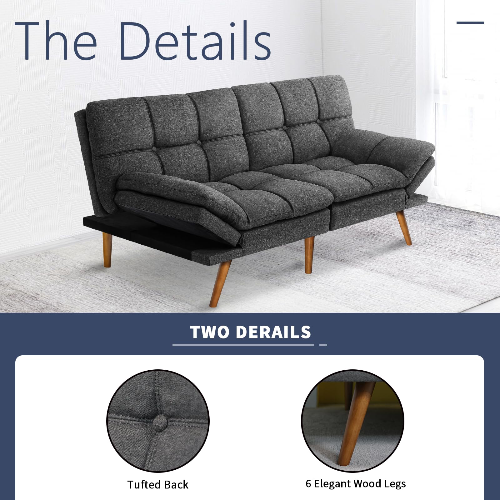 IULULU Futon Sofa Bed, Modern Convertible Sleeper Couch Daybed with Adjustable Armrests for Studio, Apartment, Office, Small Space, Compact Living Room