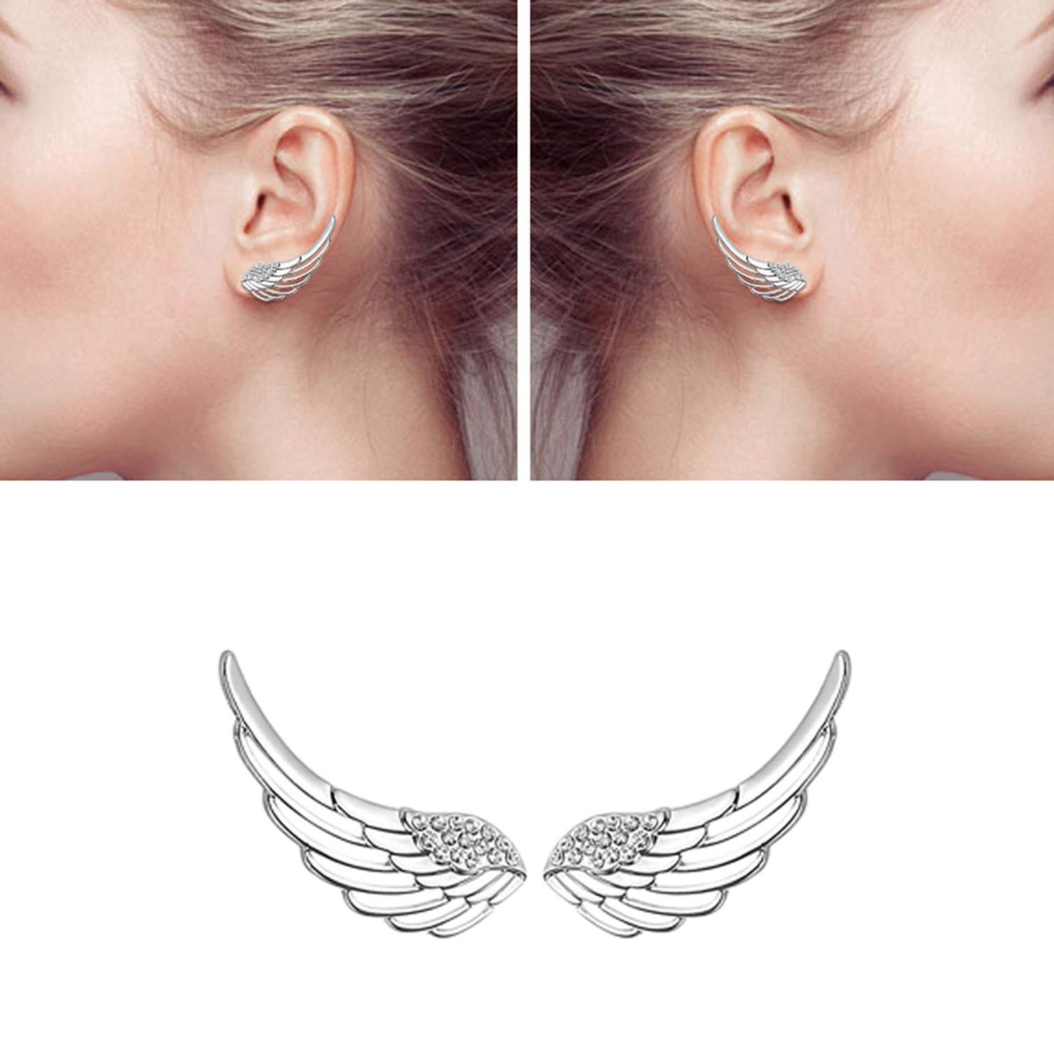 Ear Crawler, Mariafashion Cuff Earrings Sterling Silver Ear Climber Hypoallergenic Ear Wrap Angle Wings Diamond Zircon Stud Earrings