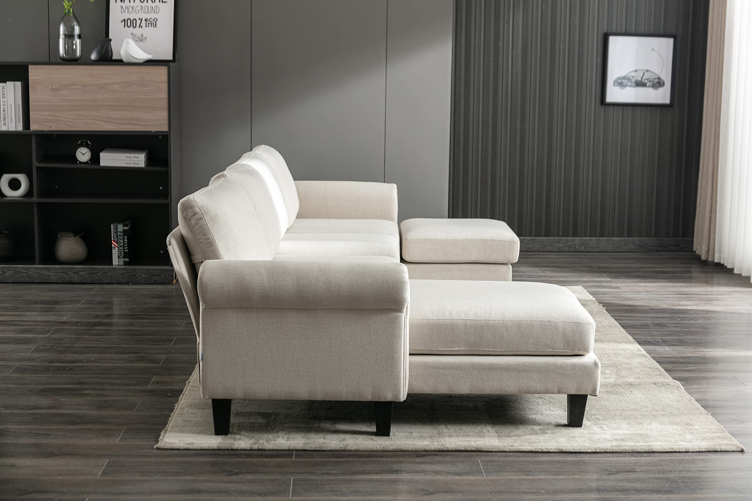 ONEMMLION U Shaped Sectional Sofa Couch with Pillows, Convertible L Shaped Linen Couch Set with Chaise Lounge & Movable Ottoman, 4 Seat Sofa Set for Living Room, 109 inches (Beige)