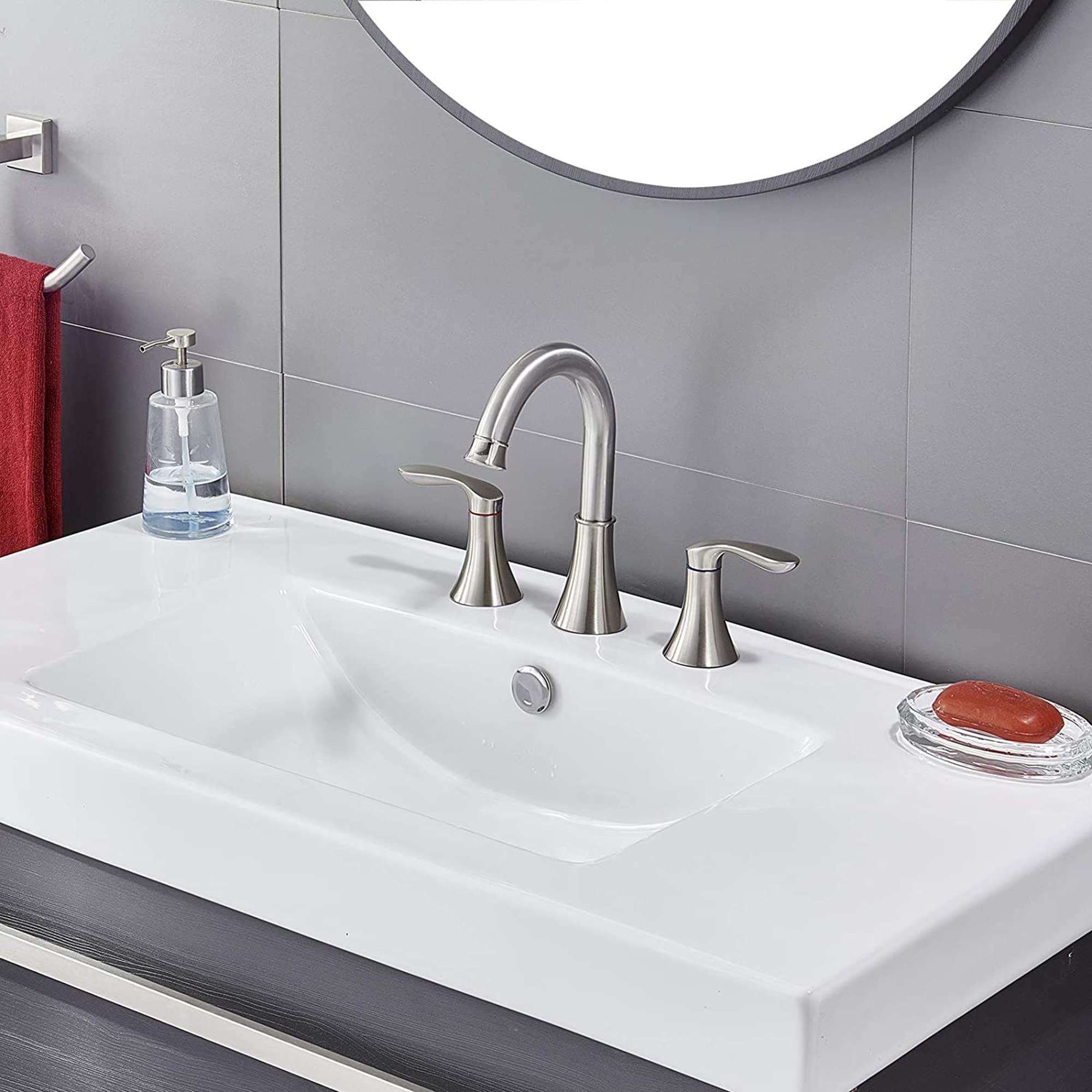 Friho Modern 2 Handle 3 Hole Brushed Nickel Widespread Bathroom Faucet, 8 inch Lavatory Vanity Swivel Spout Bathroom Sink Faucet with Water Supply Hoses and Pop Up Drain