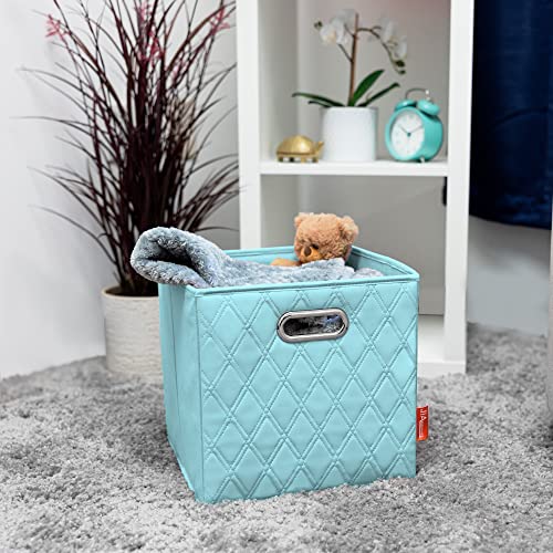 JIAessentials Medium 12-inch Blue Foldable Diamond Patterned Faux Leather Storage Cube Bins Set of Four with Handles with Dual Handles for living room, bedroom and office storage
