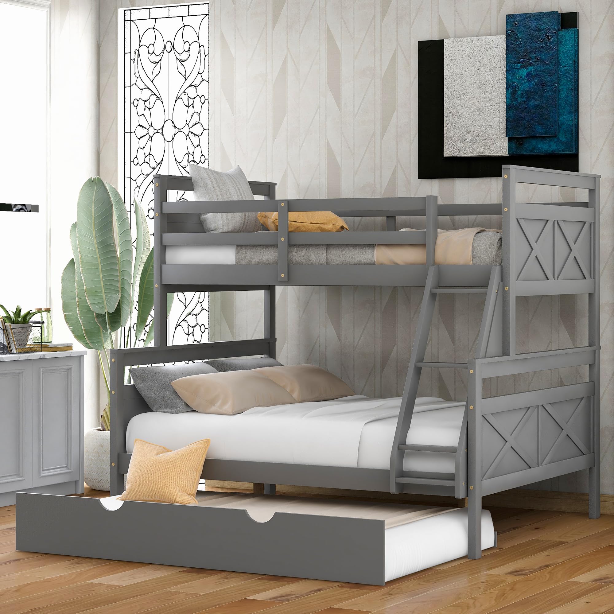 Merax Twin Over Full Bunk Bed with Trundle, Ladder & Safety Guardrail, Wooden Bunk Bed Frame for Kids Adults Teens Bedroom, Convertible to 2 Separated Beds, No Box Spring Needed, Easy Assembly, Grey