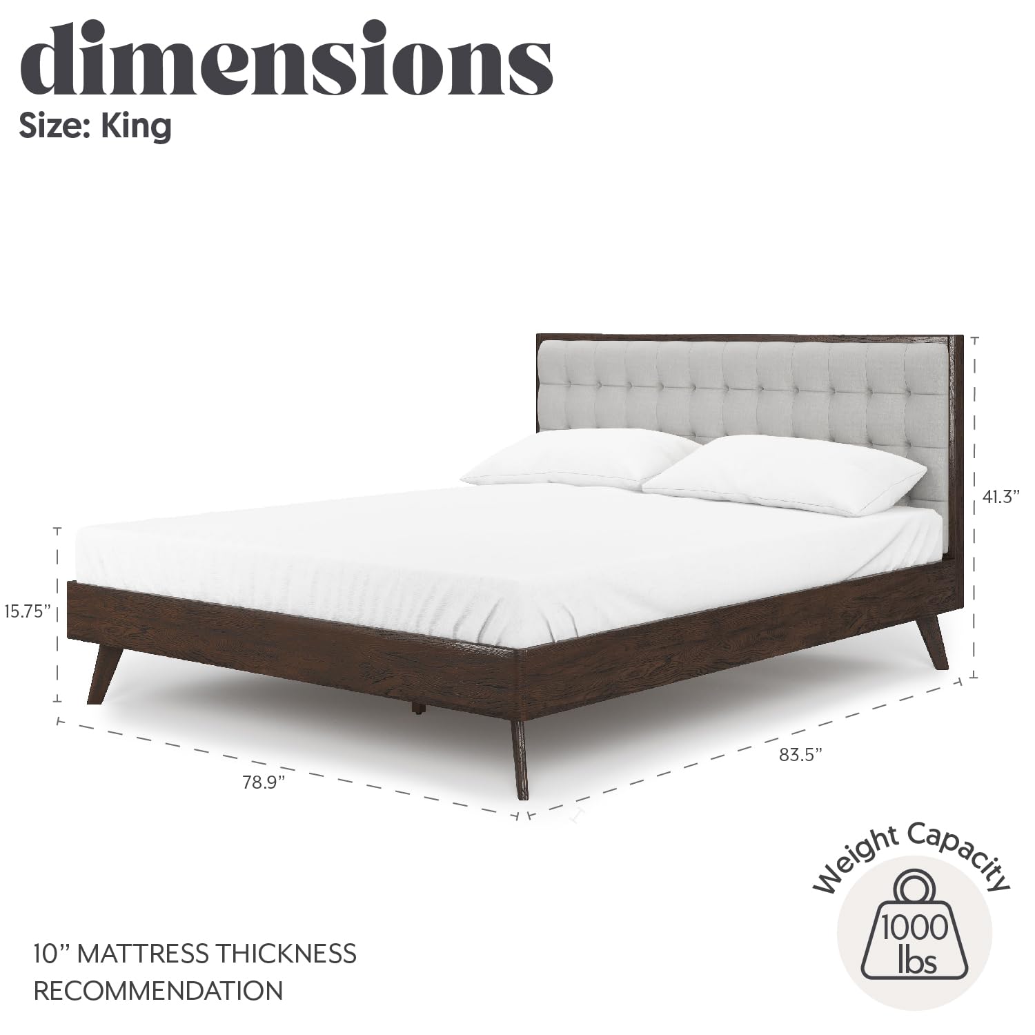 DG Casa Soloman Beige Solid Wood and Upholstered Platform Bed Frame with Tufted Headboard, Full Wooden Slats, Easy Assembly, No Box Spring Required - Modern Mid Century Style King Size Bed