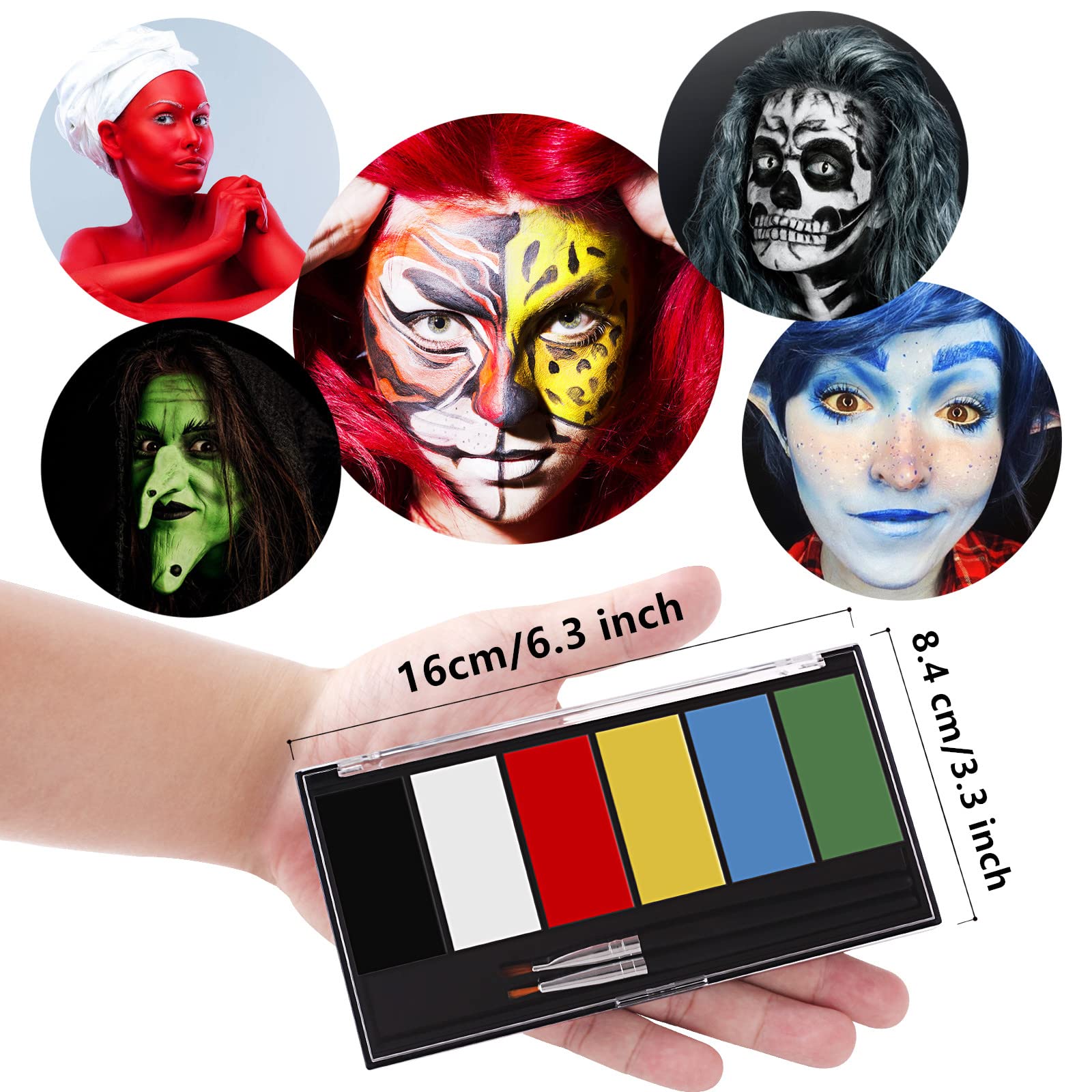 Go Ho White Red Black Face Body Paint(2.1 oz),Water Based Blue Yellow Green Face Painting Set,6 Colors for Special Effects Zombie Vampire Skeleton Clown Witch Halloween Costume Makeup with 2 Brushes