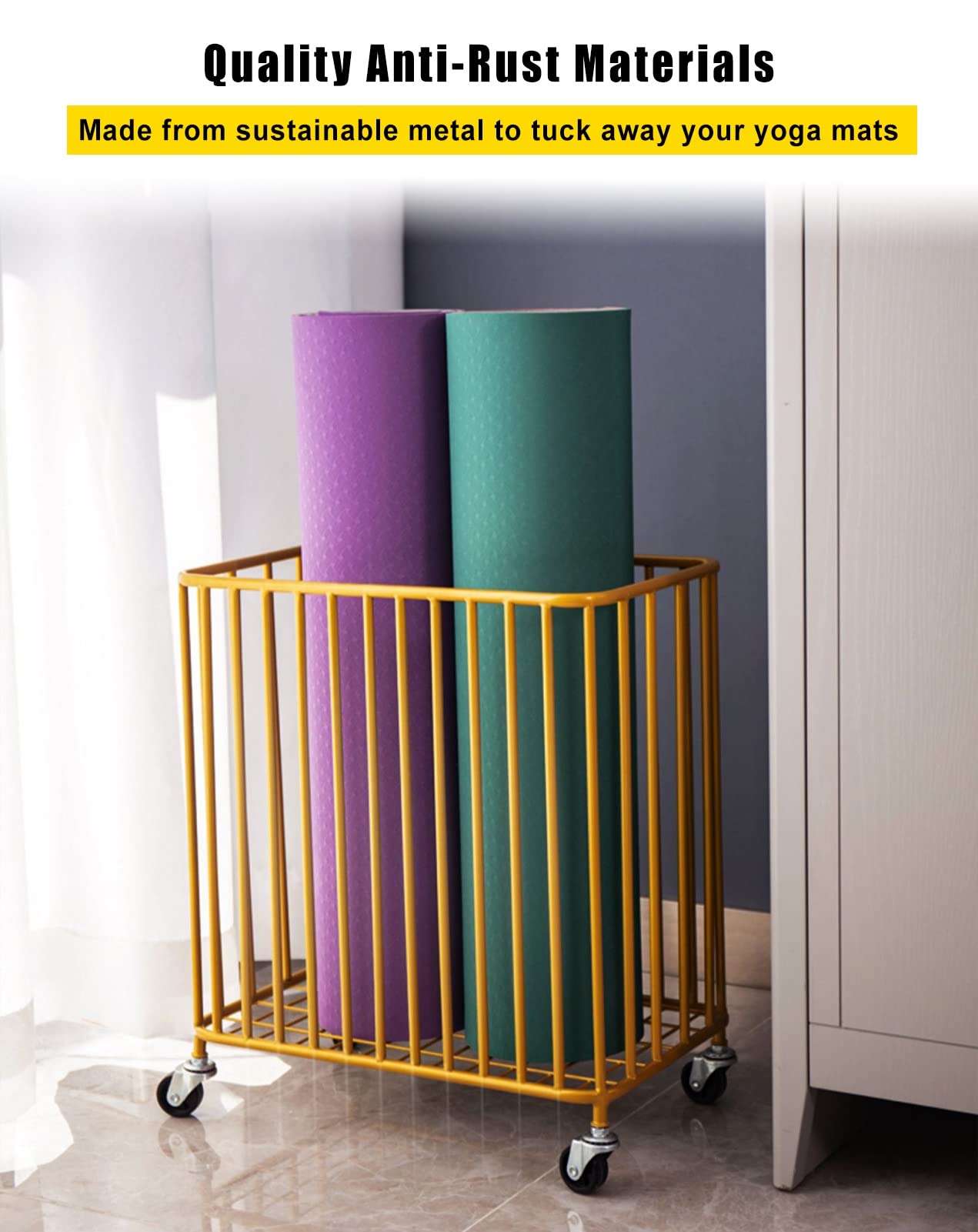 Gold Square Yoga Mat Holder with Wheels, Steel Frame Yoga Mat Storage Basket, Exercise Equipment for Home Workouts, Space Saving Yoga Mat Racks
