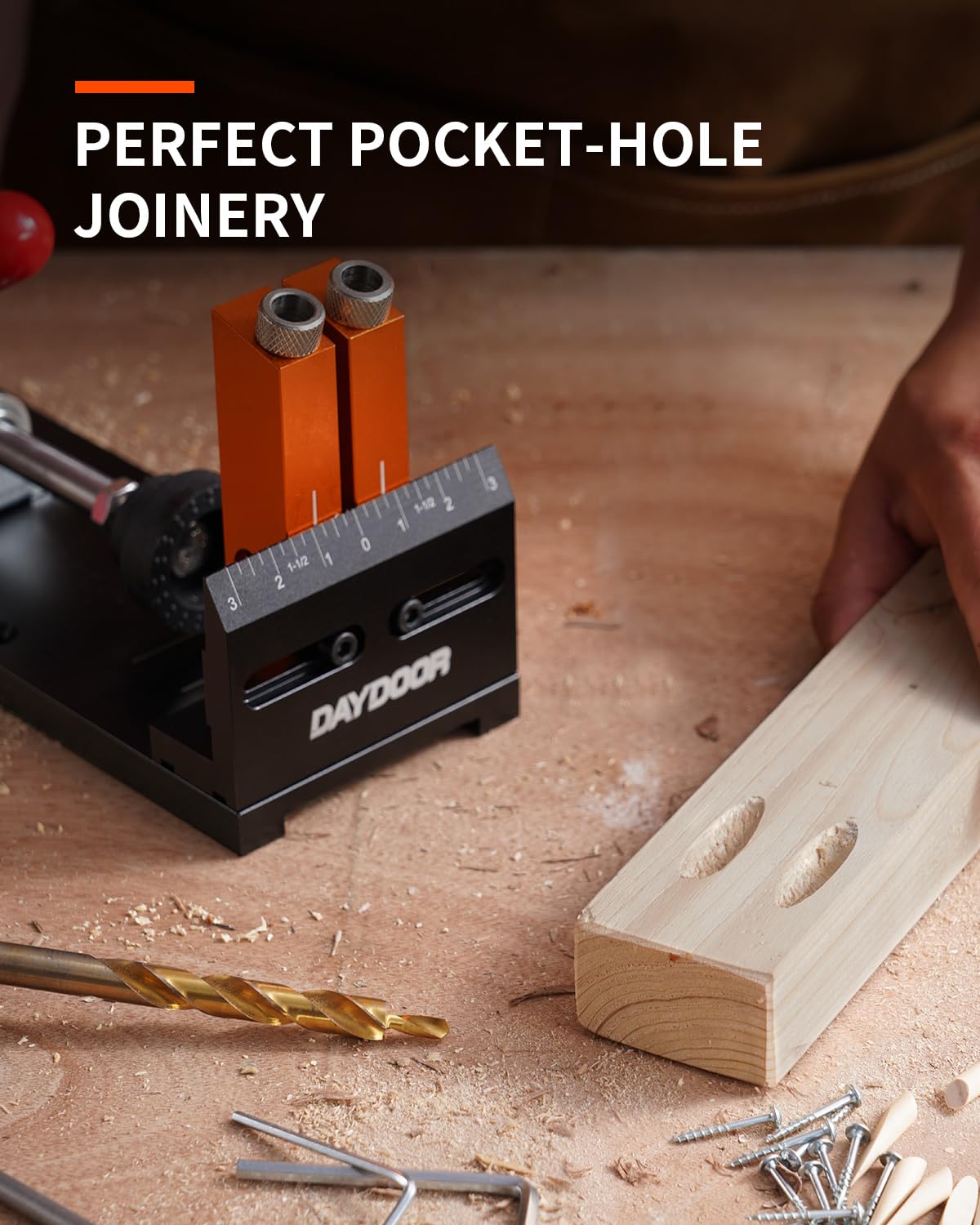 DAYDOOR Pocket Hole Jig Kit, Aluminum Pocket Screw Jig with Removable Jigs, Professional Pocket Hole Drill Guide for DIY Carpentry Projects Orange XC025