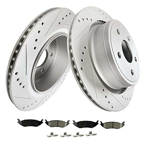 WEIZE Rear Truck & Tow Brake Kit, Carbon Fiber Ceramic Brake Pads & Drilled/Slotted Brake Rotors, Fit for Dodge Ram 1500 Durango Aspen, 13.86" 5 Lug Rear Brake Discs