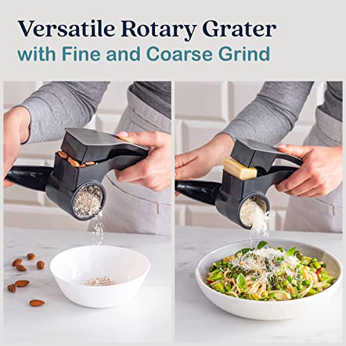 Joined Rotary Cheese Grater with Handle and 2 Interchangeable Grating Drums -Parmesan Cheese Grater Rotary Handheld - Fine and Coarse Grind Kitchen Grater Rotary Tool