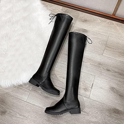 FASDNENDYS Womens Pointed Toe Knee High Boots Shoes Boots Up Heeled Low Knee Long High Boots Over Short Heel Black