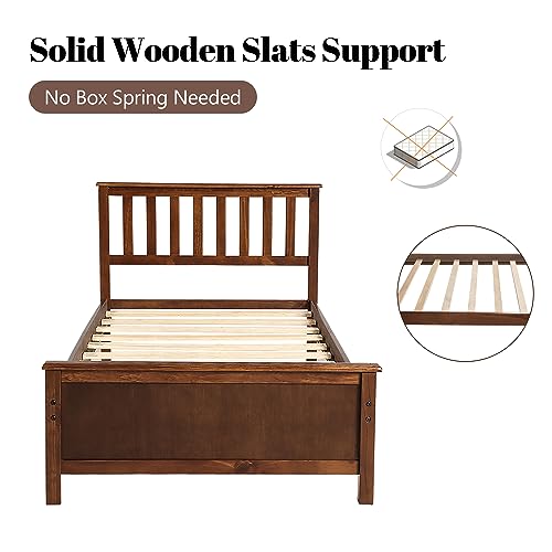 Merax Twin Size Platform Bed, Wood Twin Bed Frame with Headboard, Footboard and Wood Slat Support, No Box Spring Needed, Walnut