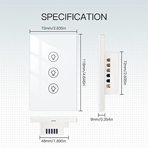 MoesGo 3 Gang Smart Dimmer Switch, Independently Control 3 Lights, Single Pole, Neutral Wire Needed, Smart Light Switch for Dimmable LED/CFL/INC Bulbs, Work with Alexa/Google Home, White