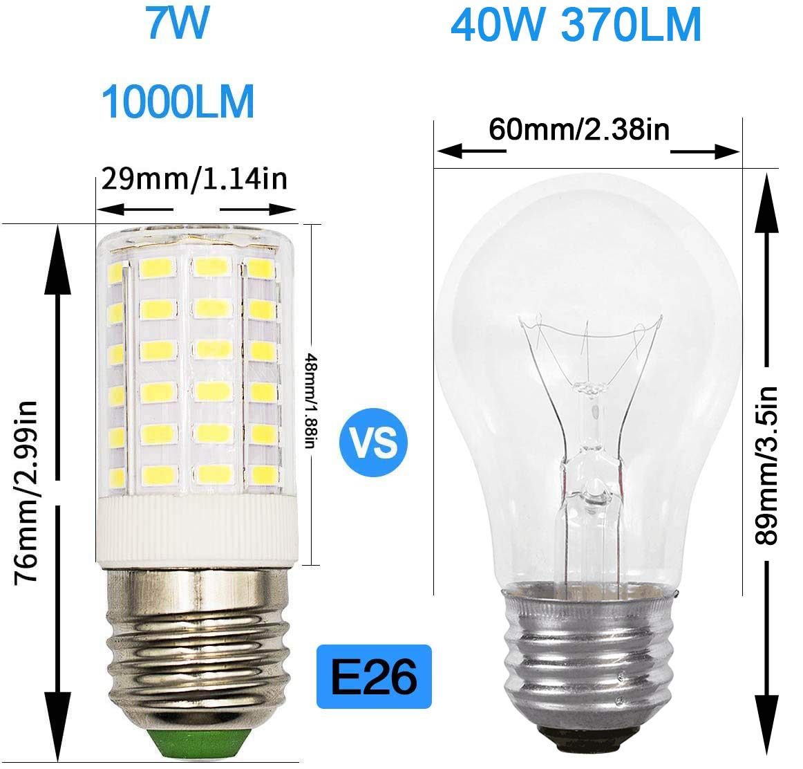 E26/26mm Big Medium Base Screw LED Refrigerator Light Bulb Appliance Bulb 7W (60W-70W Equivalent) Non-dimmable Cool White 6500K 1000 Lumen AC100V-265V Floor Lighting Decorative Corn Lamp Pack of 1