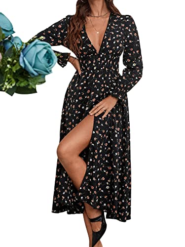 SweatyRocks Women's Deep V Neck Long Sleeve Floral Dress Boho Split A Line Long Dresses Black XL