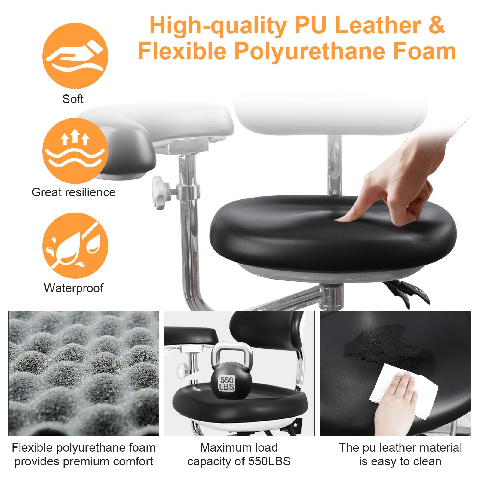 Helivivfy Dental Assistant Chair,Dentist Chair with 360° Rotation Armrest,Dental Stool with Adjustable Backrest and Height Soft PU Leather Black