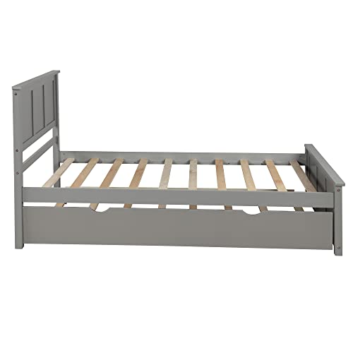 Merax Twin Size Platform Bed with Trundle, Twin Bed Frame with Headboard/Mattress Foundation/Strong Slat Support/No Box Spring Needed, Grey