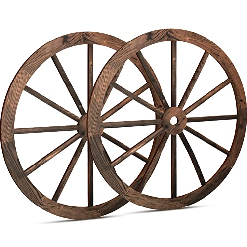 Qunclay 2 Pcs 12 Inch Wagon Wheel Decor Wooden Western Cowboy Party Decorations Vintage Rustic Wood Cartwheel for Bar Garage Indoor Outdoor (Brown)