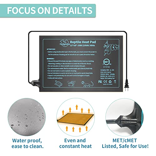 HYDGOOHO Reptile Heat Pad with Thermostat Under Tank Terrarium Heater MET Approved Waterproof Heat Mat Terrarium Accessories for Snake Lizard Hermit Crab Turtle Frog Spiders (8X12`` Pad +Thermostat)