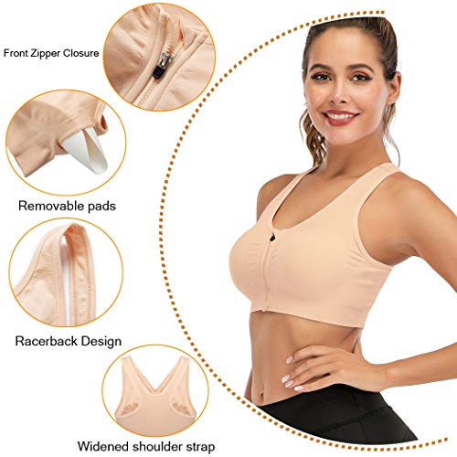 FLORATA Sports Bras for Women Zip Front Sports Bra Wireless Post-Surgery Bra Removable Cups Yoga Sport Bra