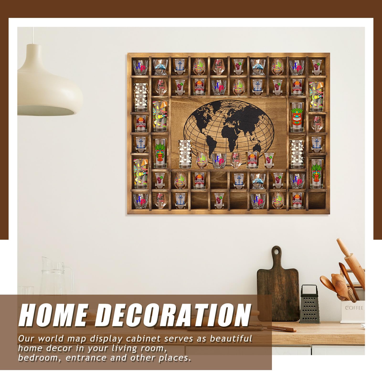 GlikCeil Large World Map 48 Slots Shot Glass Display Case 28 x 23'' Rustic Wood Shot Glass Holder for Different Size Shot Glass Shelf Organizer Wall Mount Shot Glass Storage Shadow Bar Cabinet (Brown)