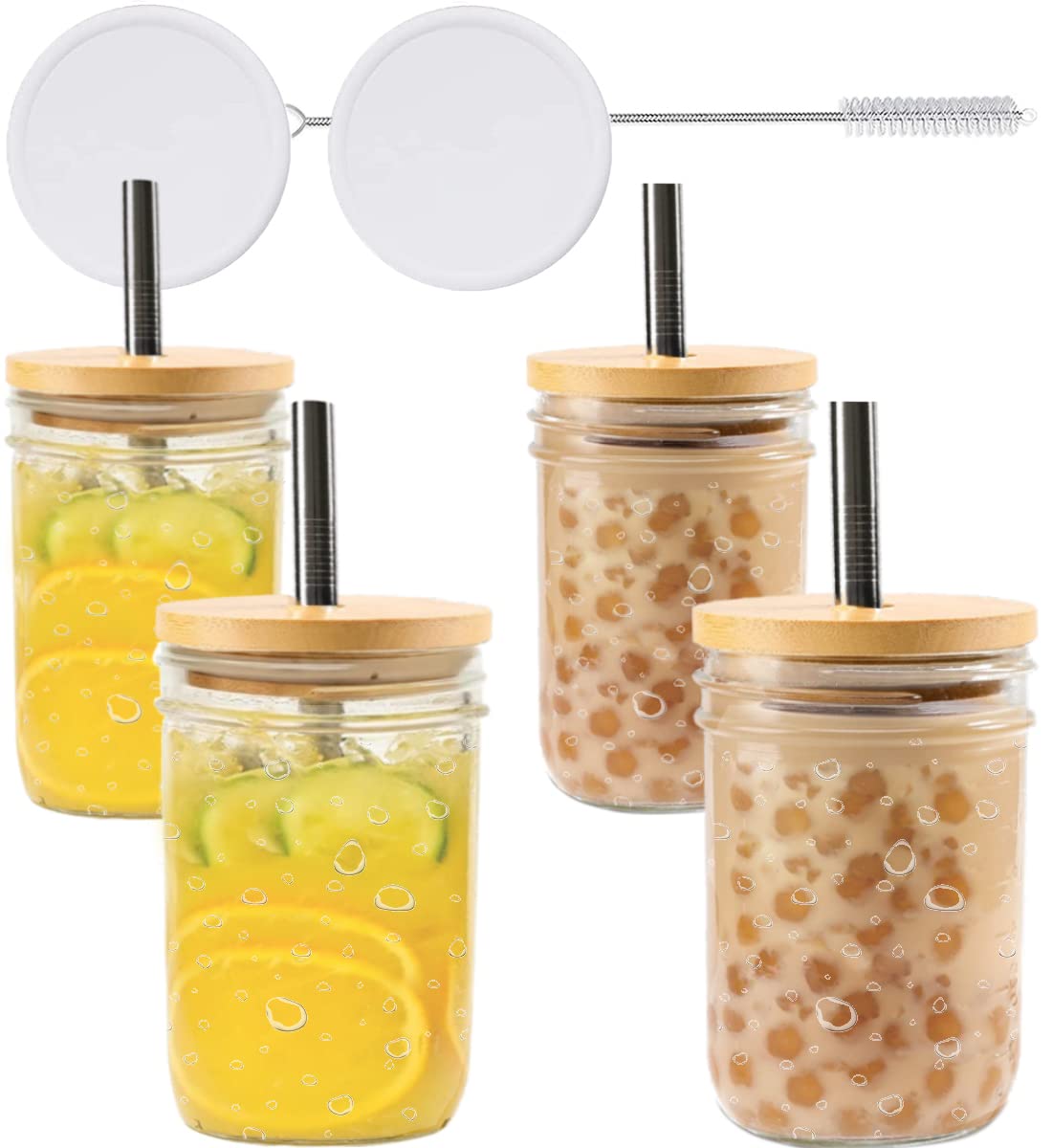 Glass Cups Set(4 Pack) 16oz Wide Mouth Mason Jar Drinking Glasses with Lids & Straws & 2 sealing Lids, Reusable Boba Bottle, Iced Coffee Glasses, Travel Tumbler for Bubble Tea, Juice