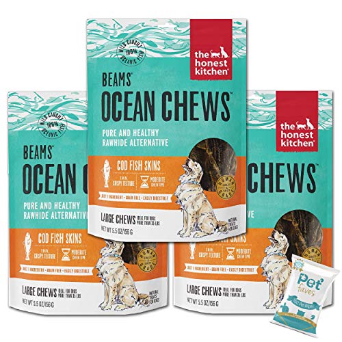 The Honest Kitchen (3 Pack) Cod Ocean Chews Grain Free Dog Chew Treats – Natural Human Grade Dehydrated Fish Skins (5.5 oz Each) with 10ct Pet Faves Wipes
