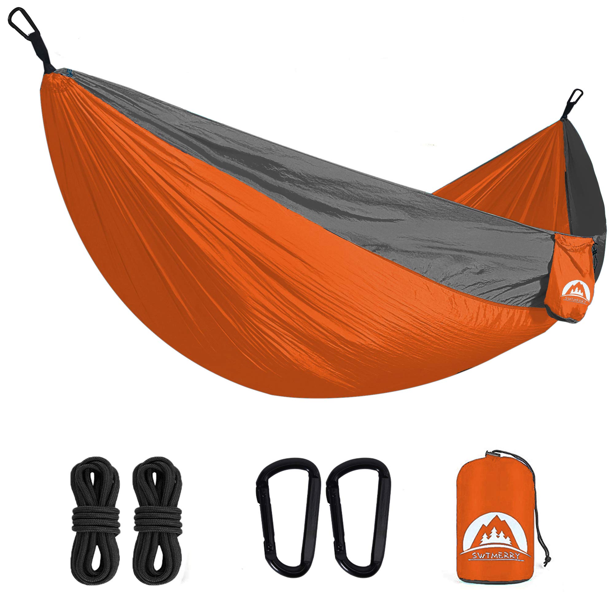 Double Camping Hammock Lightweight Parachute Nylon | Portable Hammocks with Tree Straps | Hammock 2 Person Heavy Duty | Hammock Backpacking for Camping, Backyard, Hiking, Beach (Orange & Gray)