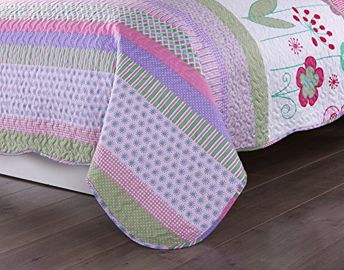 MarCielo 3 Piece Kids Bedspread Quilts Set Throw Blanket for Teens Girls Bed Printed Bedding Coverlet, Full Size, Purple Floral Striped (Full)