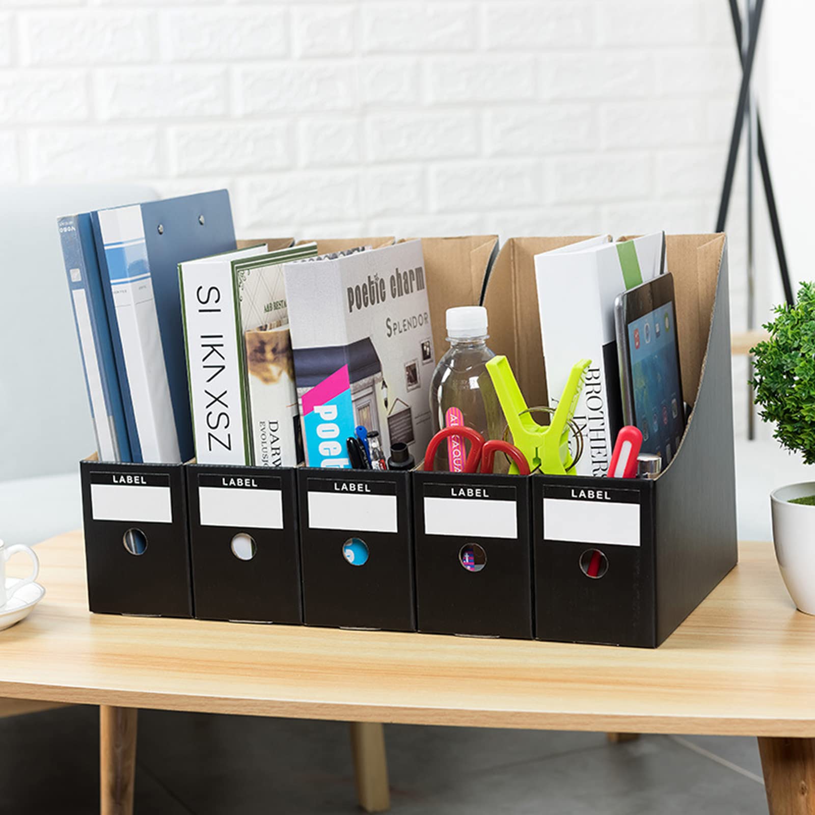 EWAFILU 15 Pack Black Foldable Desk File Holder, Cardboard Magazine Storage Box with Labels for School Office Desk Supplies