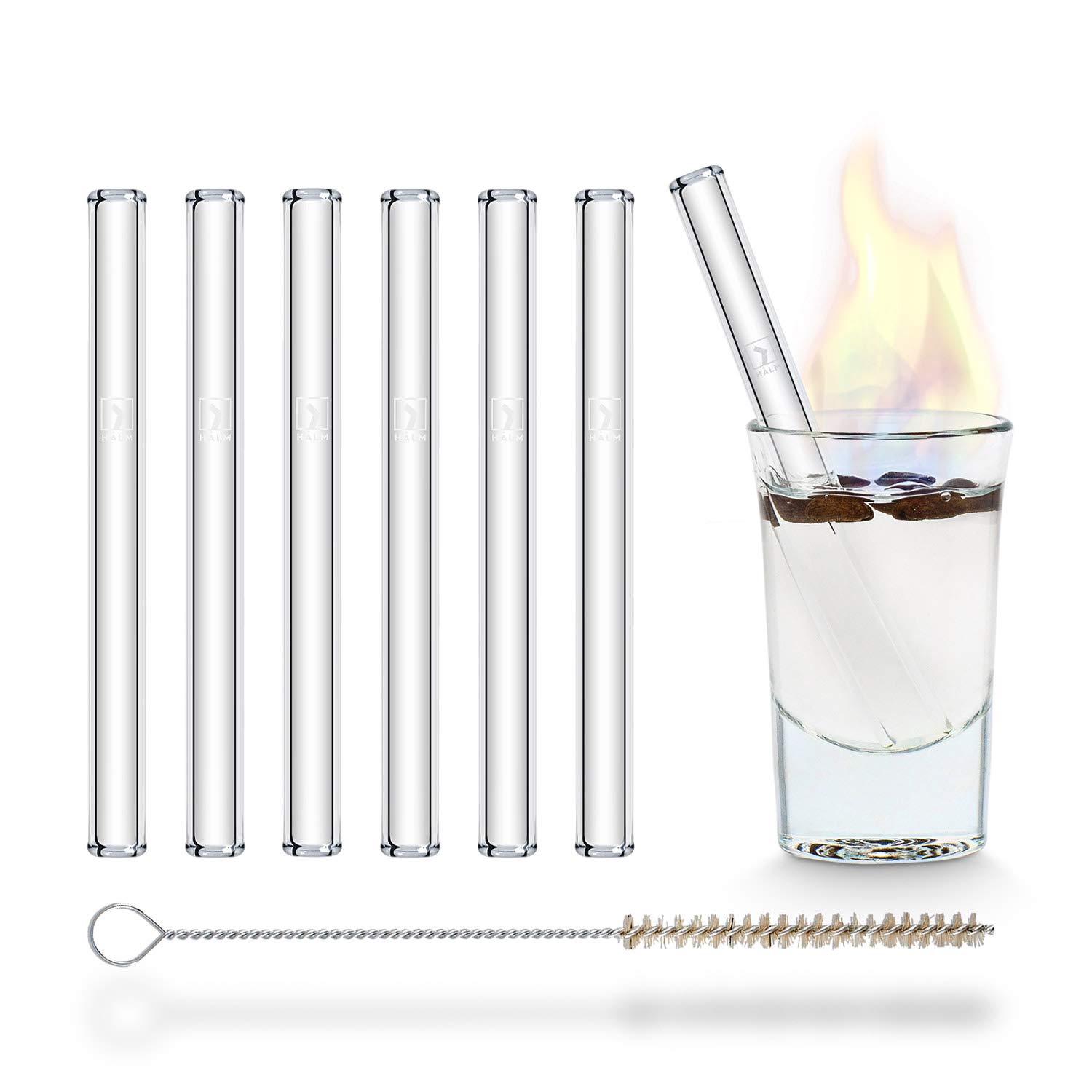 HALM Glass Straws - 6 Reusable 4 Inch Short Drinking Straws + Plastic-Free Cleaning Brush Perfect for B52 and Shot Glasses or Blowing Tubes & Paraphernalia - Dishwasher Safe - Eco-Friendly – Straight
