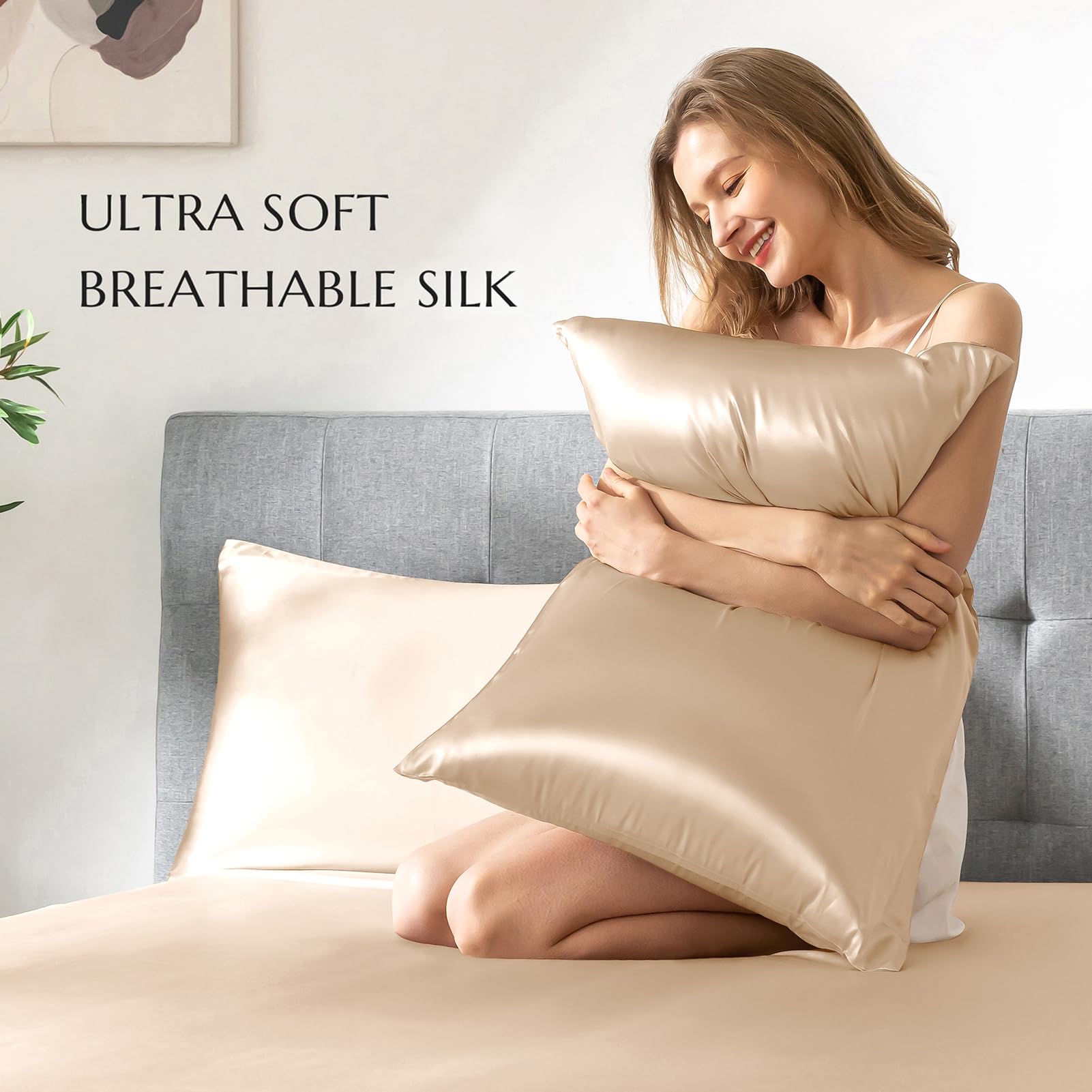 THXSILK Mulberry Silk Pillowcase, Champagne, Queen, 19 Momme, with Hidden Zipper, 20"