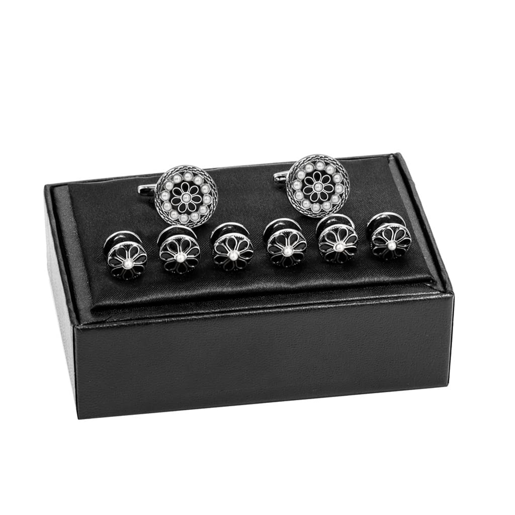 Flower Cufflink and Studs for Men Round Black Enamel&Pearl Cuff Links Set Tuxedo Shirt Studs with (Color : A, Size : Same Size) (A Same Size)