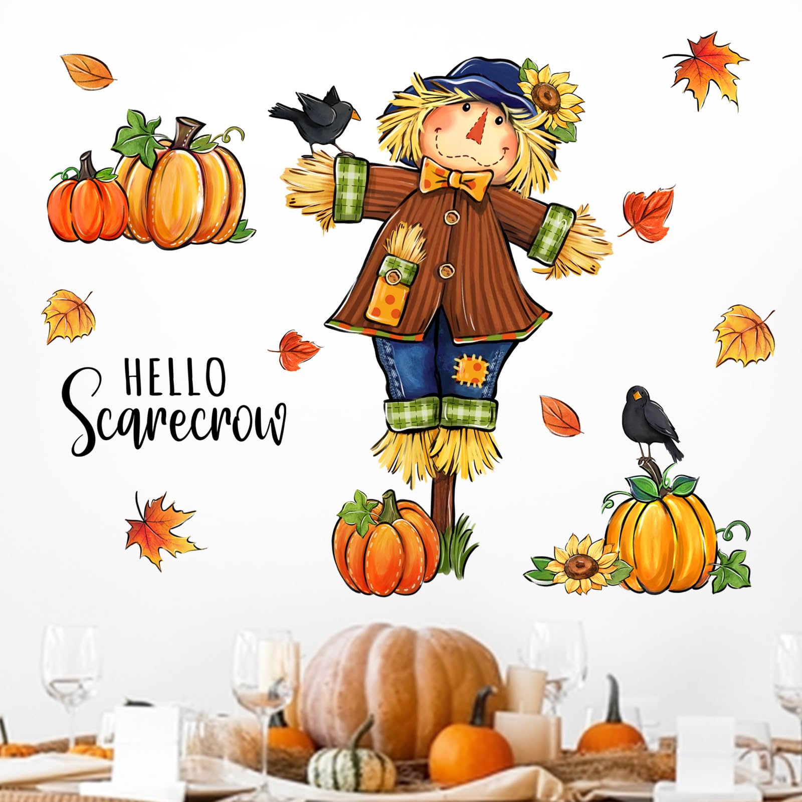 Mfault Fall Hello Scarecrow Wall Decals Stickers, Autumn Pumpkin Maple Leaves Farmhouse Decorations Bedroom Art, Thanksgiving Crow Sunflower Seasonal Home Kitchen Decor