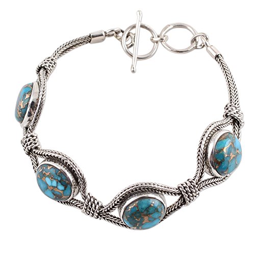 NOVICA Handmade .925 Sterling Silver Link Bracelet Composite Turquoise Reconstituted Blue India Island Paradise Gemstone [7 in min L x 7.5 in max L x 0.7 in W] 'Heavenly Blues'