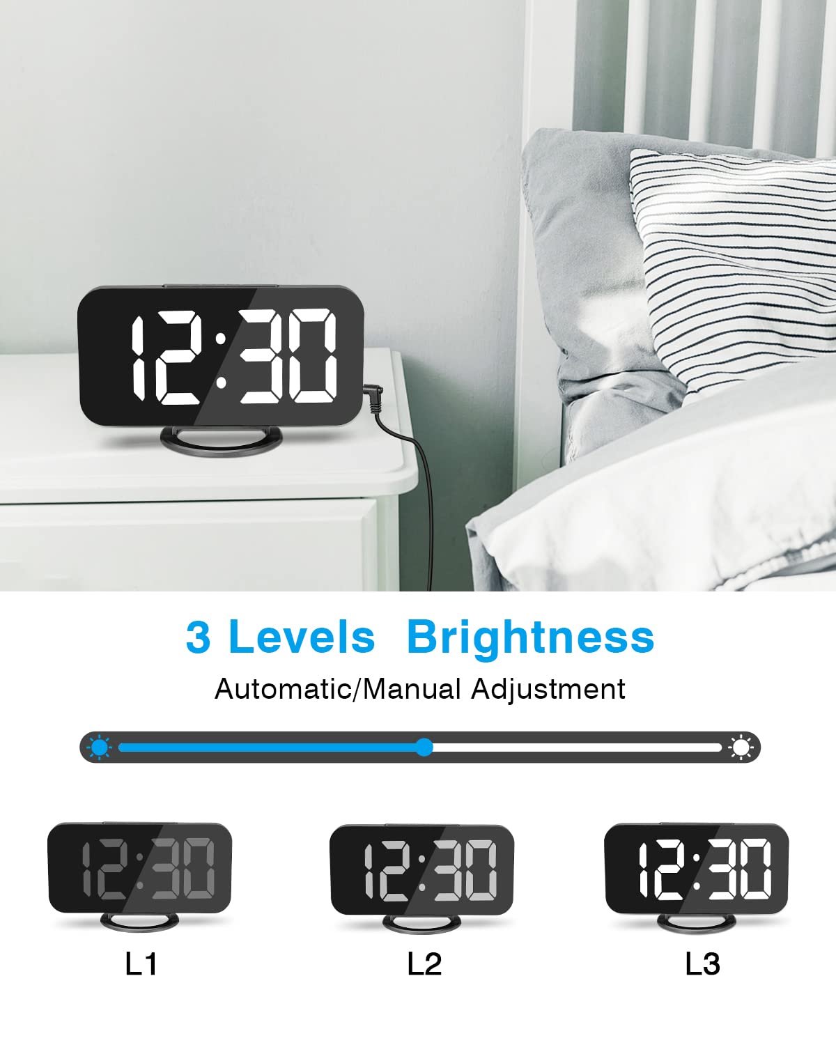 Digital Alarm Clocks,7" LED Mirror Electronic Clock,with 2 USB Charging Ports,Snooze Mode,Auto Adjust Brightness,Modern Desk Wall Clock for Bedroom Living Room Office - Black