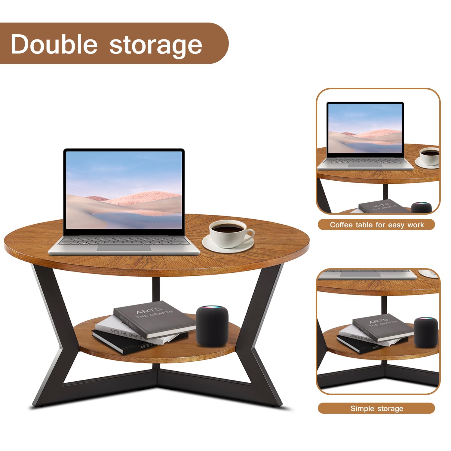 Gravilithic Round Wood Coffee Table for Living Room, 2-Tier Rustic Circle Coffee Table with Storage, Solid Natural Coffee Table with Metal Legs, Radial Pattern 35โx 17โ