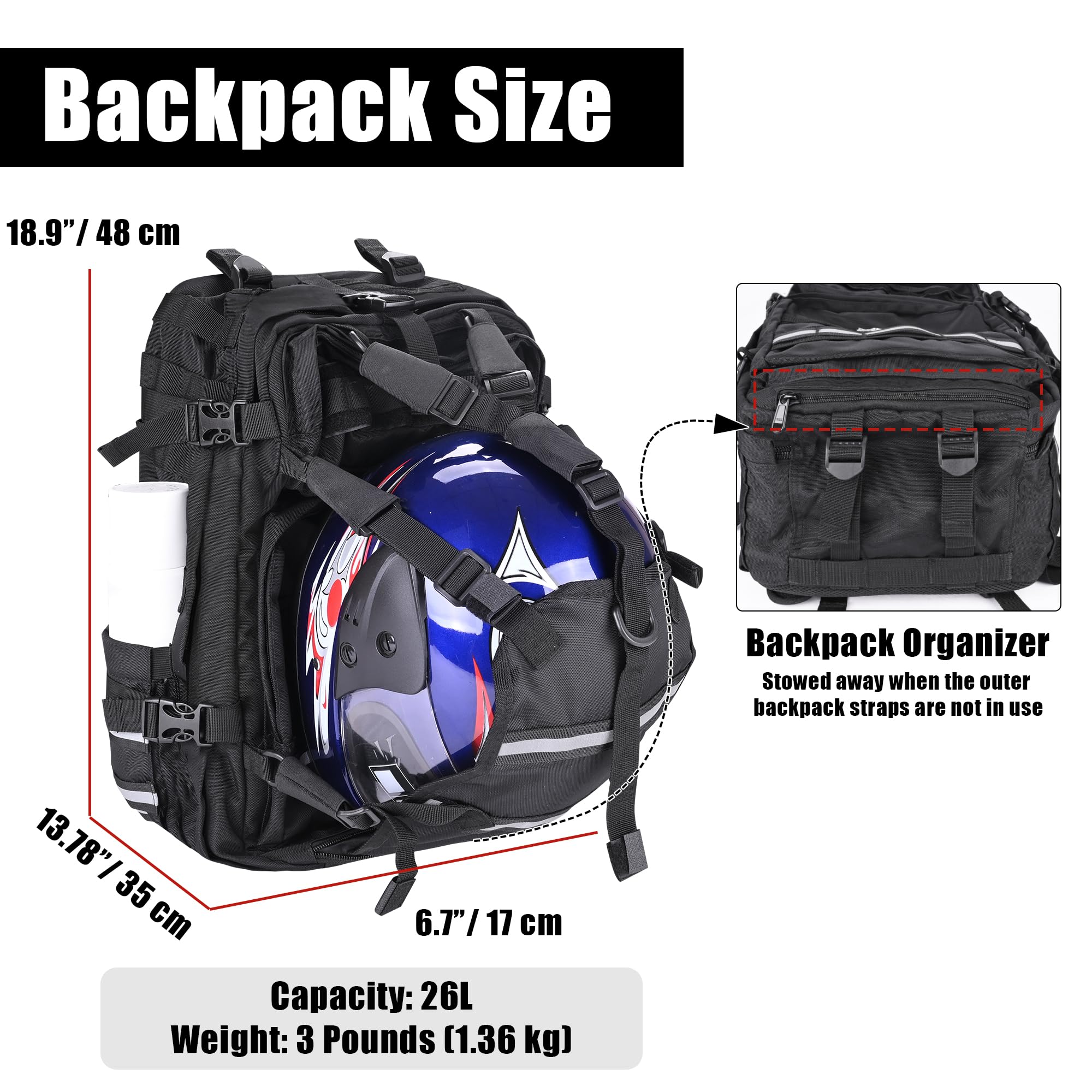 FHV Rechargeable Motorcycle Helmet Backpack with USB Charger Port,Large Capacity Cycling Helmet Holder Backpack Water Resistant Hiking Backpack Military Tactical Backpack for Men Women