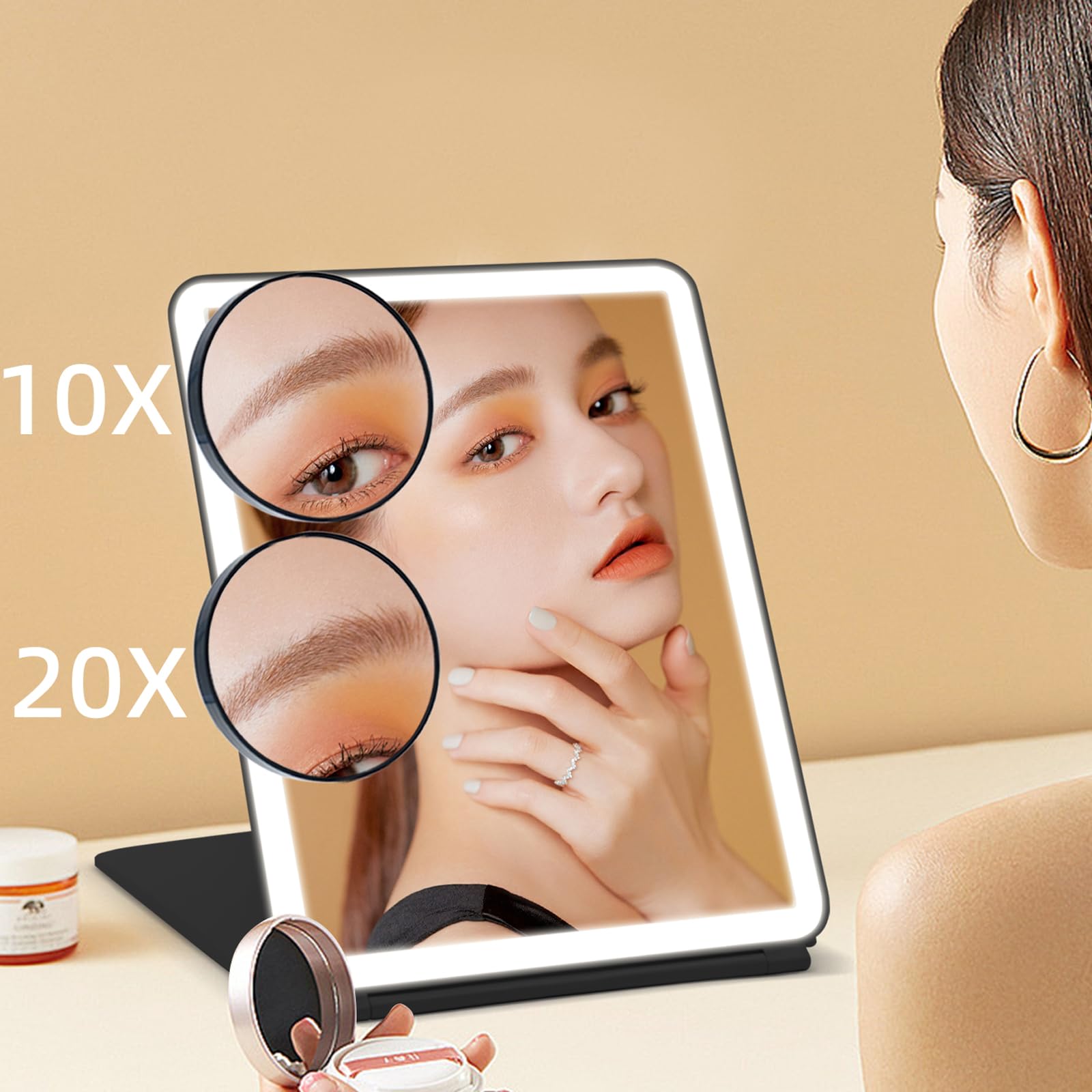 Jadazror Large Travel Makeup Mirror with 10X and 20X Magnifying Mirror, Portable Lighted Makeup Mirror with 3 Light Settings, USB Rechargeable, 9.85 * 7.5 inch Travel Mirror with Tweezers, Black