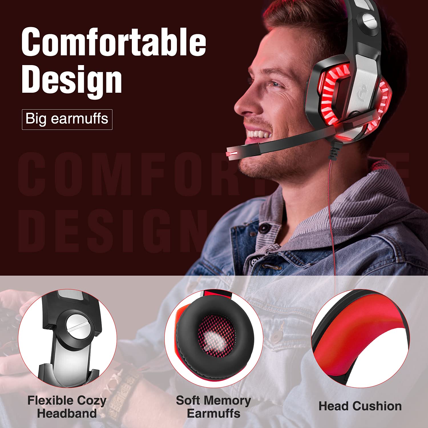 ENVEL Gaming Headset for PS4 with Mic,PC,Laptop,Surround Sound Over Ear Noise Cancelling Headphone with LED Lights Volume Control Compatible with Smartphone/Computer/MacBook/PS5
