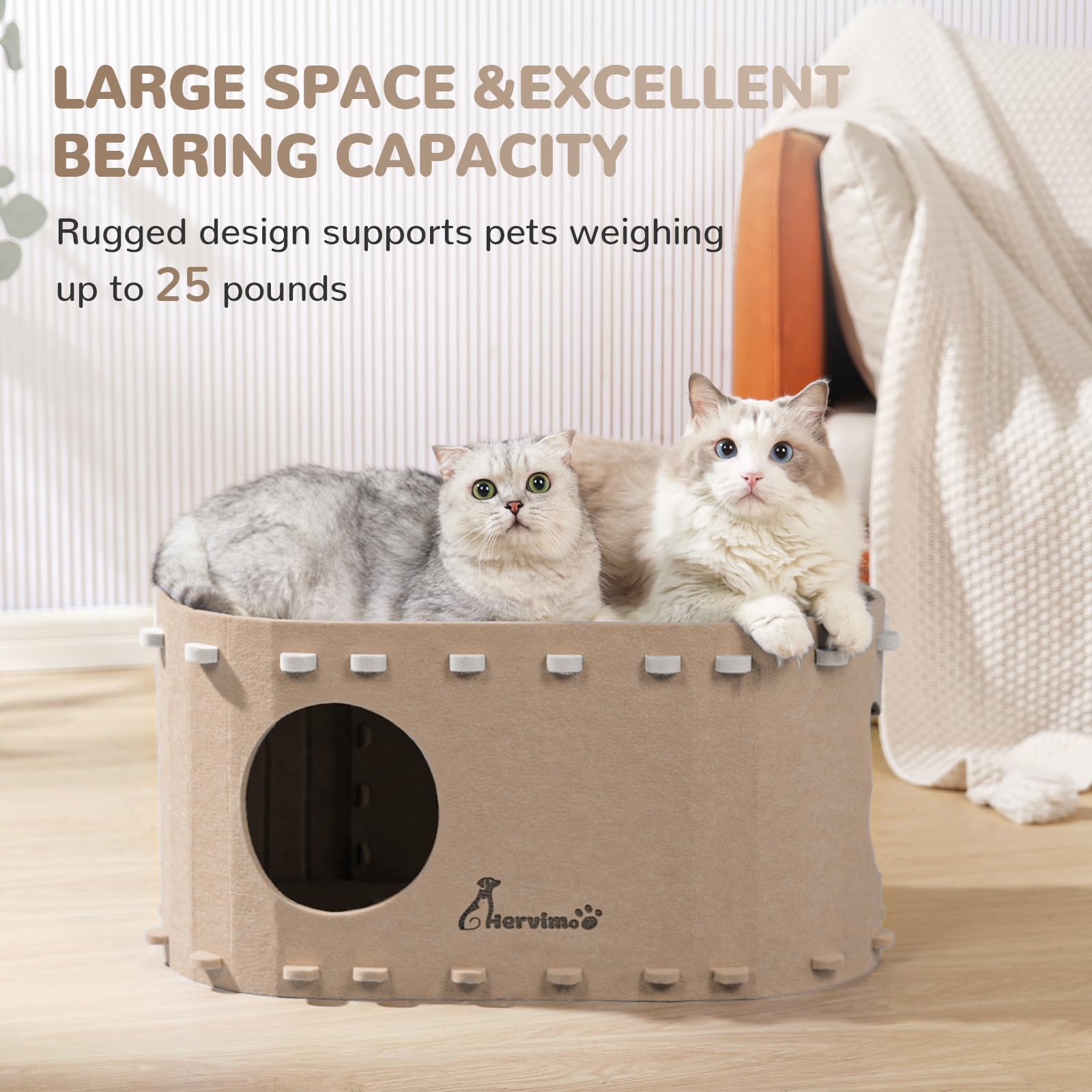 Hervimo Cat Beds for Indoor Cats, 2 in 1 Large Cat House, Foldable Cat Tunnel Enclosed Bed, Scratch Resistant Cat Bed Cave for Large Cats Up to 25lbs & Multiple Small Cats, Dark Camel