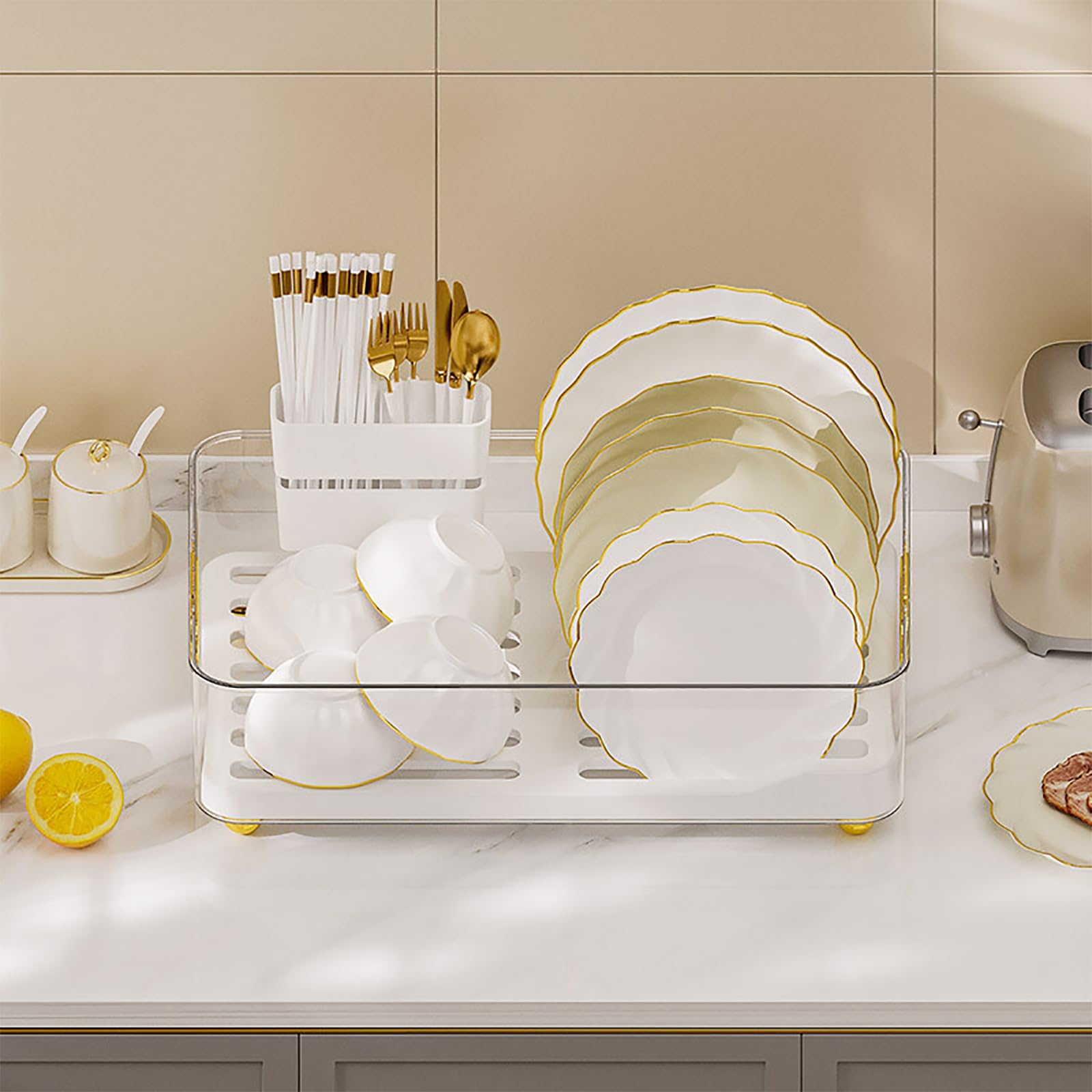 ENTERLIFE Plastic Dish Drying Rack for Kitchen Counter Rustproof Removable Cutlery Holder, Sink Organizer Dish Rack Drainboard ,Multifunctional Vegetable and Fruit Drain Rack(Clear)