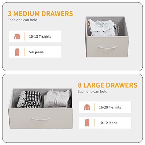 LIVEHOM 11 Dresser Drawer for Bedroom, Chest of Drawers with Side Pockets, Hooks, Fabric Storage Drawer, Steel Frame, Wood Top, Organizer Unit and Pull Handle for Closet, Nursery