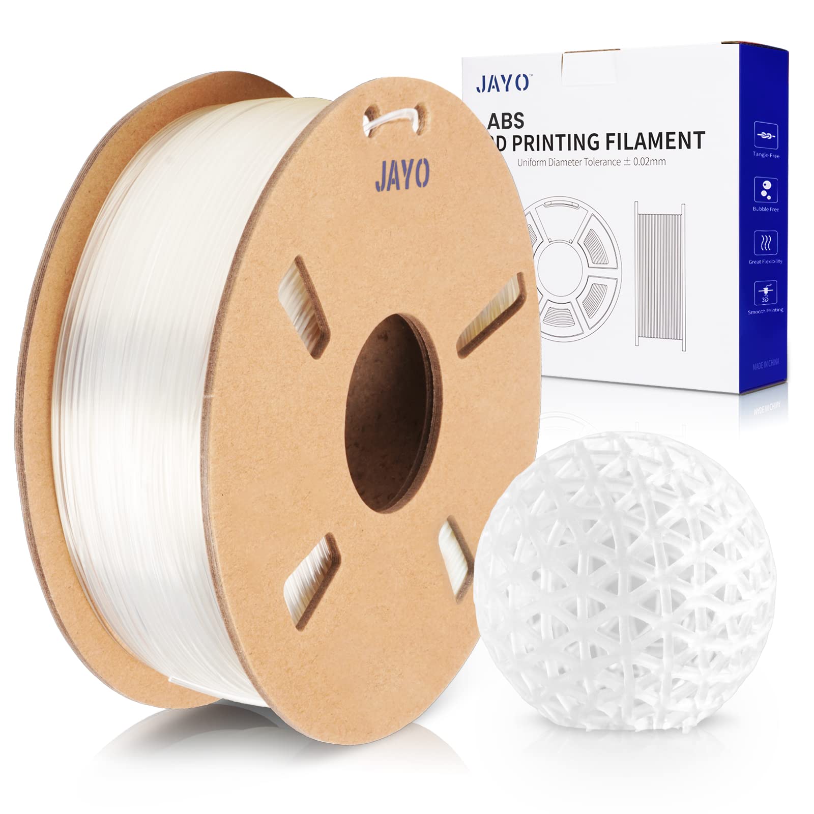 JAYO ABS 3D Printer Filament, Impact and Heat Resistant ABS Filament 1.75mm Dimensional Accuracy +/- 0.02mm, 0.65KG Cardboard Spool 3D Printing Material Fits FDM Printers, ABS Transparent 650G