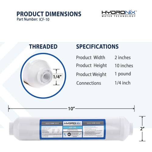 Hydronix ICF-10 Inline Post Activated Carbon Water Filter Replacement Cartridge with 1/4-Inch NPT for Refrigerator, Ice Maker, RO Reverse Osmosis System, 2000 Gallons - 1 Year Capacity (3 Pack)