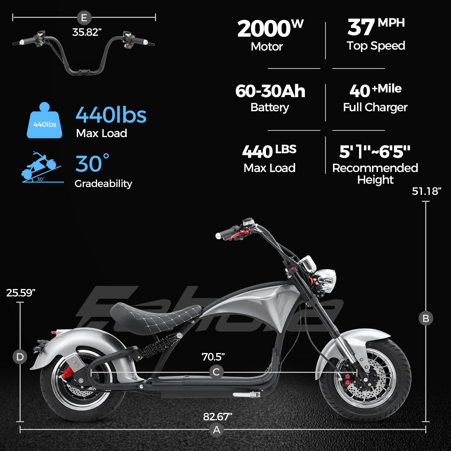 eAhora M6G 2000W Golf Cart, 60V 25ah Battery 27-37 Miles, Electric Golf Cart, Electric Motorcycle with Dual Hydraulic Brakes