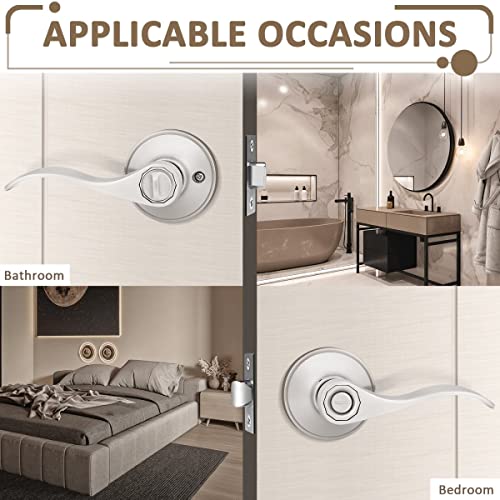 Probrico (6 Pack Privacy Door Lever[Thumb Turn Lock on The Inside],Locking Door Handle Set for Bedroom & Bathroom Doors,Keyless Satin Nickel Finish Wave Door Lock, Reversible Right & Left Side Handed
