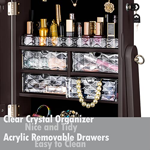 YOKUKINA LED Jewelry Cabinet Armoire, Large Storage Lockable Organizer with Frameless Free Standing Dressing Mirror (Brown)