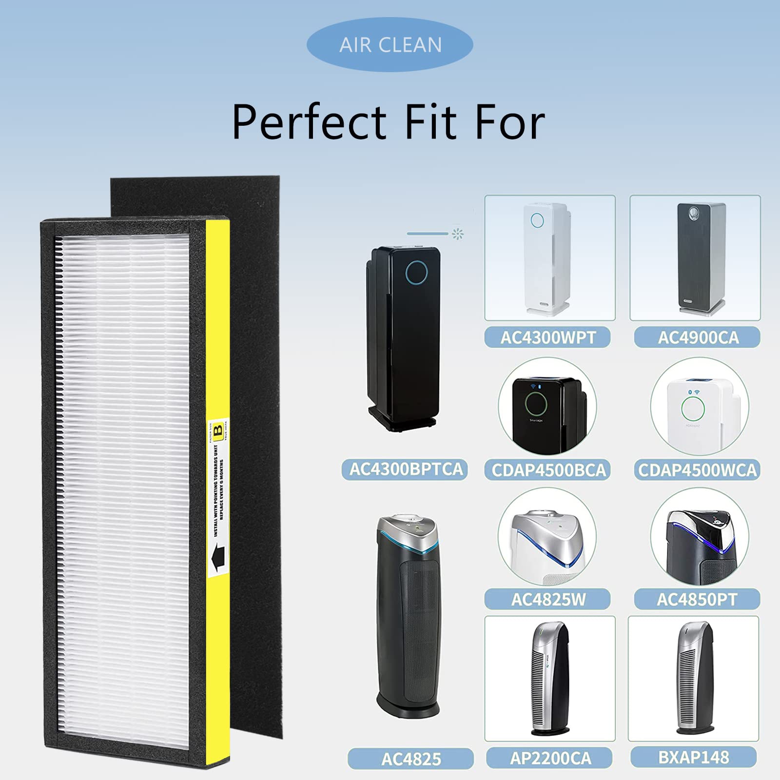 FLT4825 HEPA Filter B Replacement Compatible with Germ-Guardian AC4825 AC4300 AC4800 AC4900 AC4850 AC4850PT Air Purifier, 2 True HEPA Filters & 8 Carbon Filters