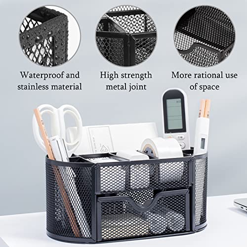 Mesh Pen Holder, Desk Organizer for Desk Pencil Holder with 8 Compartments and 1 Drawer Desk Supplies for Office Home 1 PC