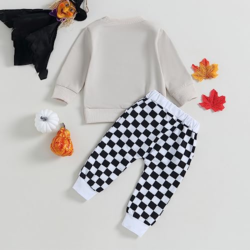 Lamuusaa Newborn Baby Boy Halloween Outfit Ghost Crewneck Sweatshirt Tops Checkerboard Pants Halloween Baby Clothes 0-3T