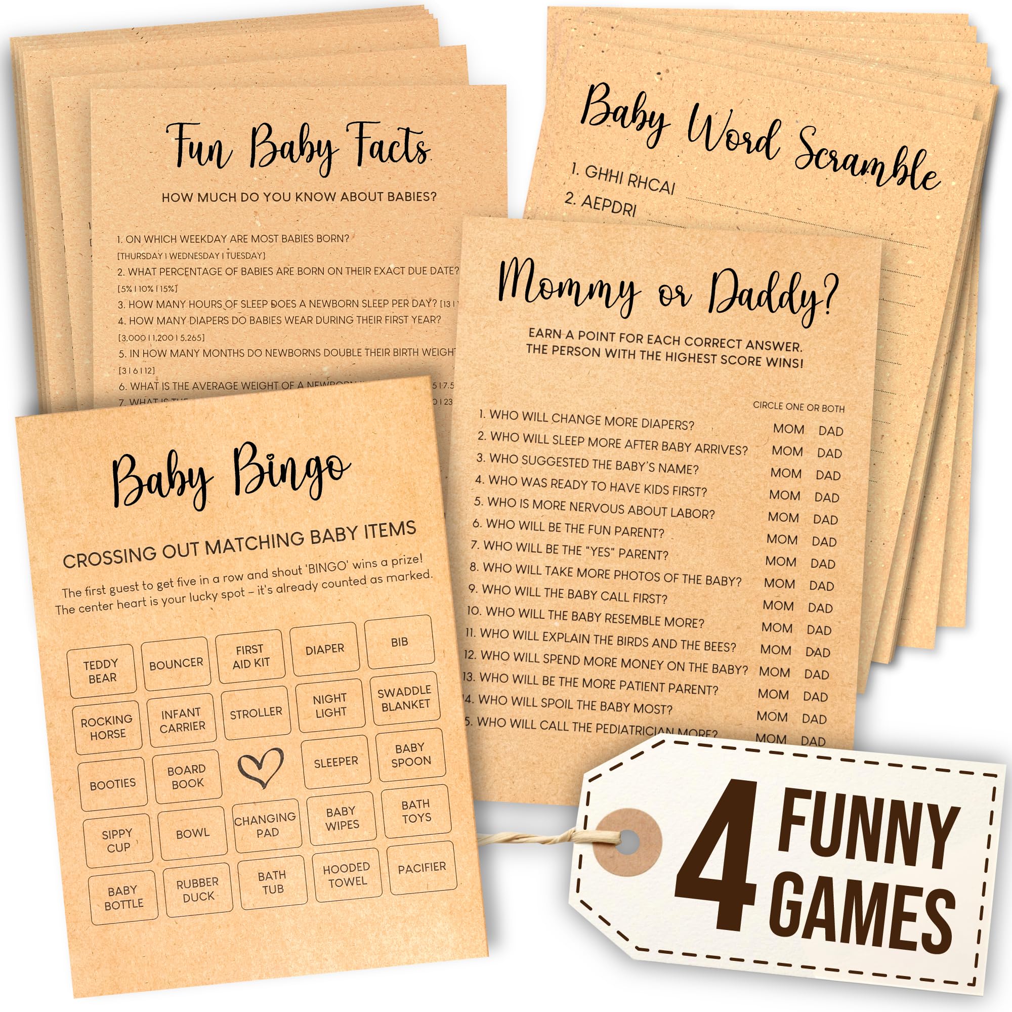 WOODAMORE Bingo Baby Shower Games for Girl - Baby Shower Bingo Cards for Guests, Baby Shower Word Scramble, Mommy or Daddy Baby Shower Game, Funny Boys Baby Shower Activities